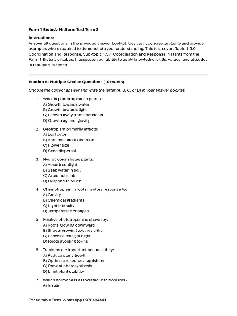 Form 1 Biology Midterm Test Term 3 | PDF | Root | Biology
