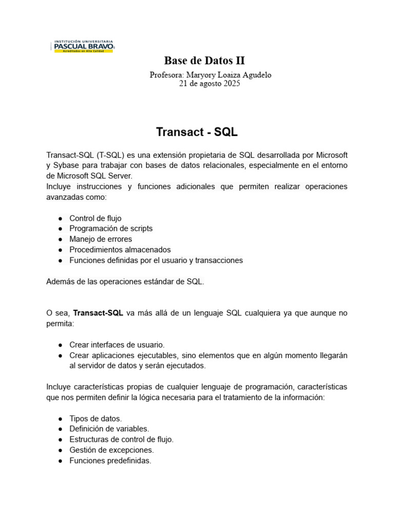 Transact SQL - Procedimientos Almacenados | PDF | Servidor SQL de Microsoft | SQL