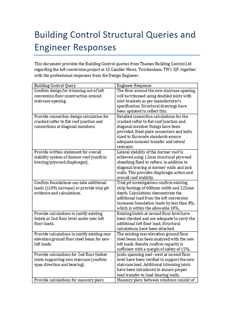 Building Control Queries for Loft Conversion | PDF | Structural Load | Wall