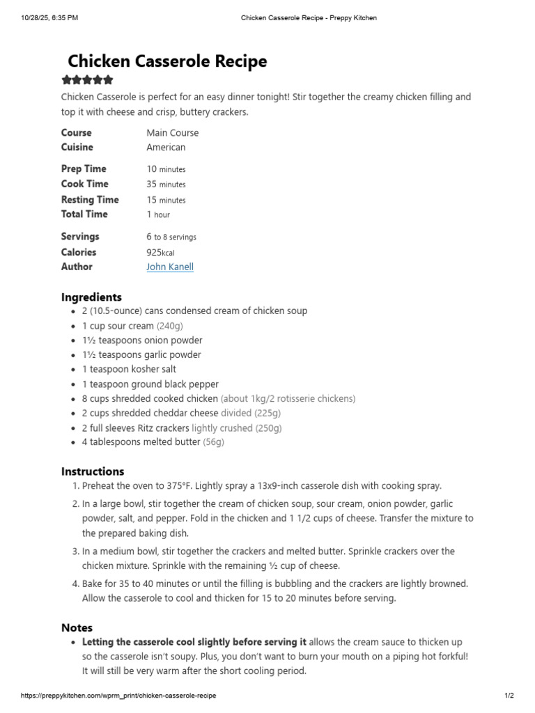 Chicken Casserole Recipe - Preppy Kitchen | PDF | Fat | Cooking
