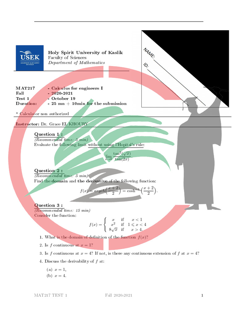 MAT217 Calculus 1 Test 1 DR Grace Fall2020 | PDF