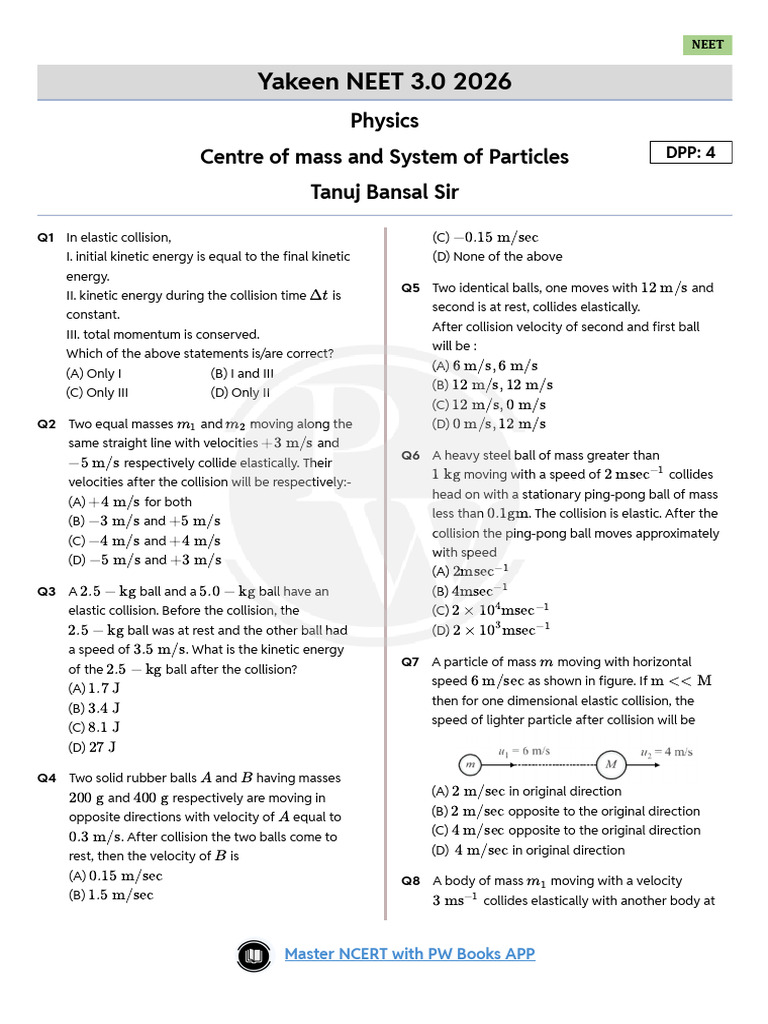 Centre of Mass and System of Particles DPP 04 (Of Lec 06) | PDF | Collision | Quantity