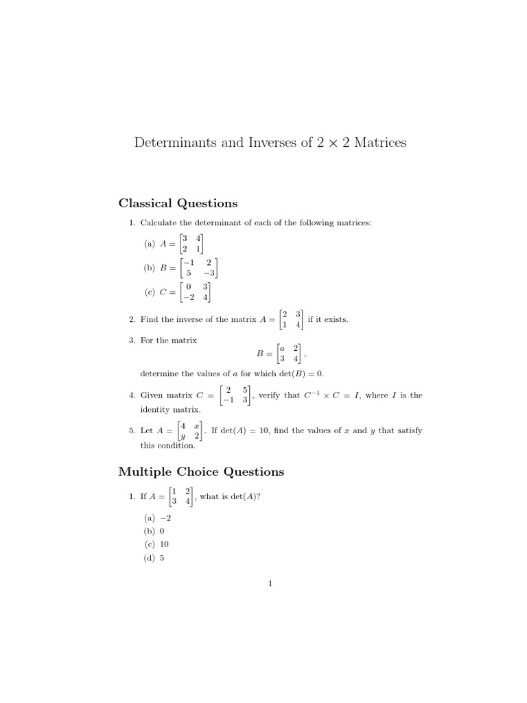2x2 Matrix Determinants & Inverses Guide | PDF | Matrix (Mathematics ...