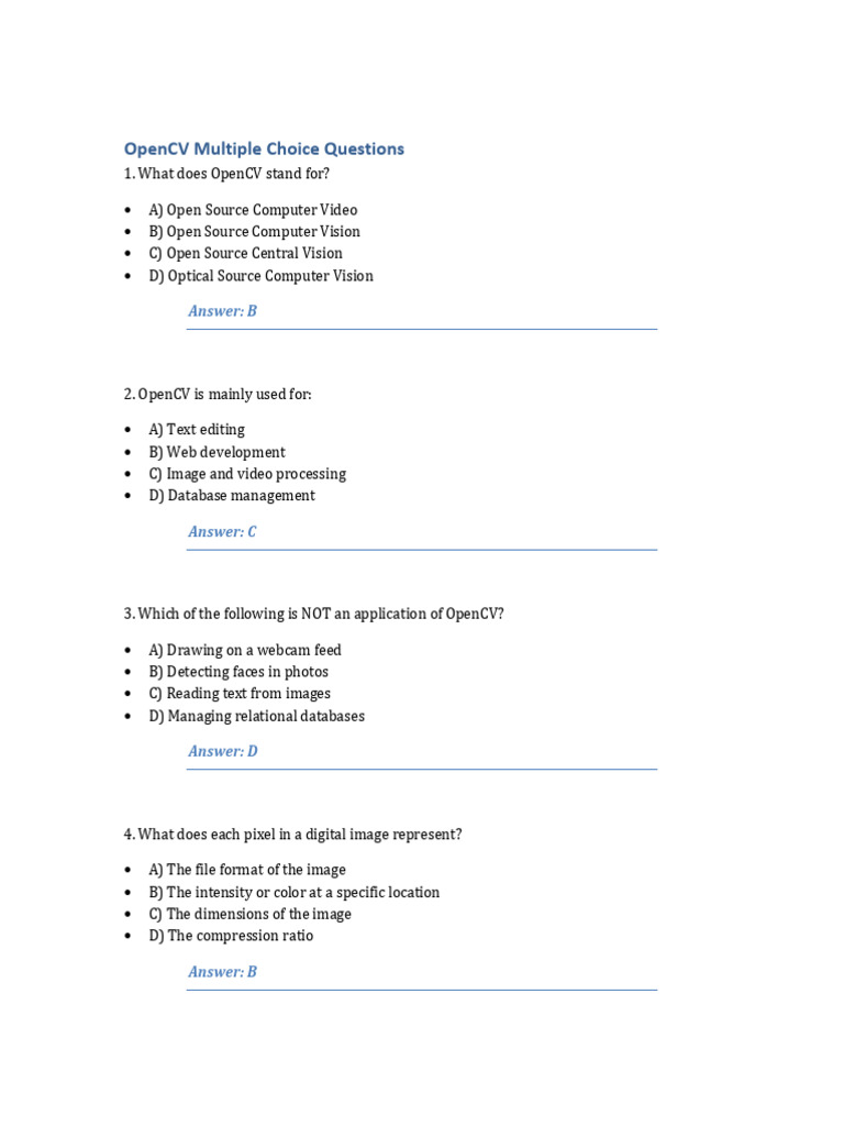 OpenCV MCQ Question Paper | PDF | Computing | Graphics