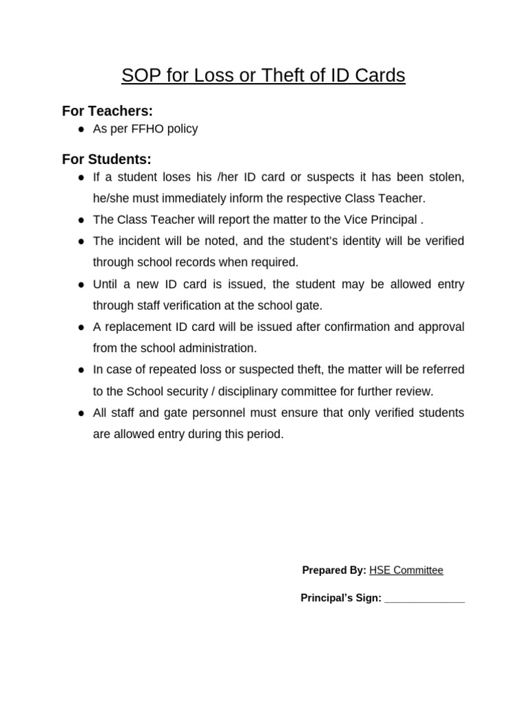 SOP For Loss or Theft of ID Cards | PDF