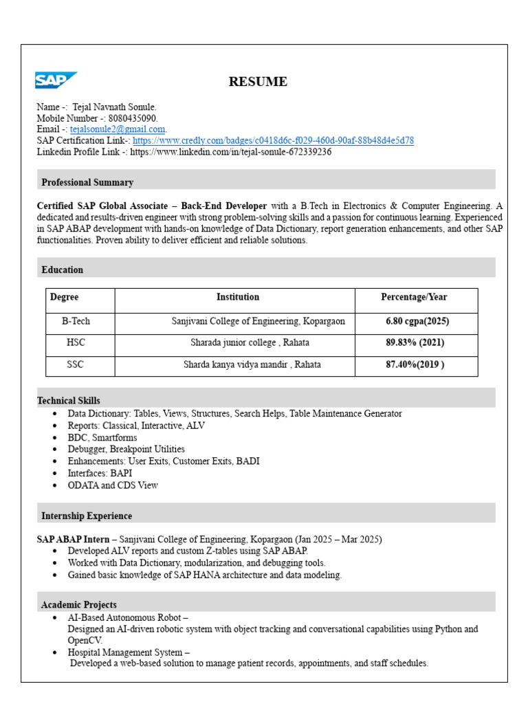TEJALSONULE_SAPRESUME | PDF | Databases | Software Engineering