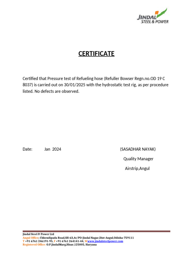 Refueller Hose Test | PDF