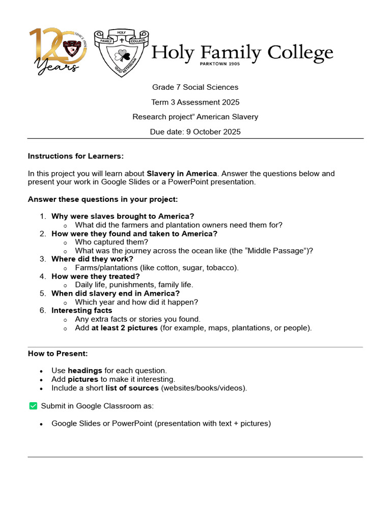 Grade 7 Social Sciences Research Project Slavery in America | PDF ...