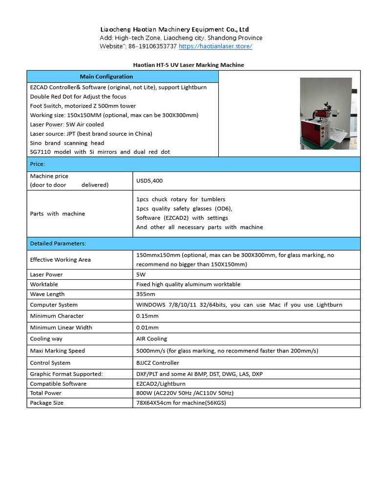 Haotian HT-5 UV Laser Marking Machine | PDF