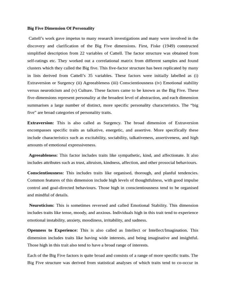 Big Five Dimension of Personality | PDF | Behavioural Sciences ...