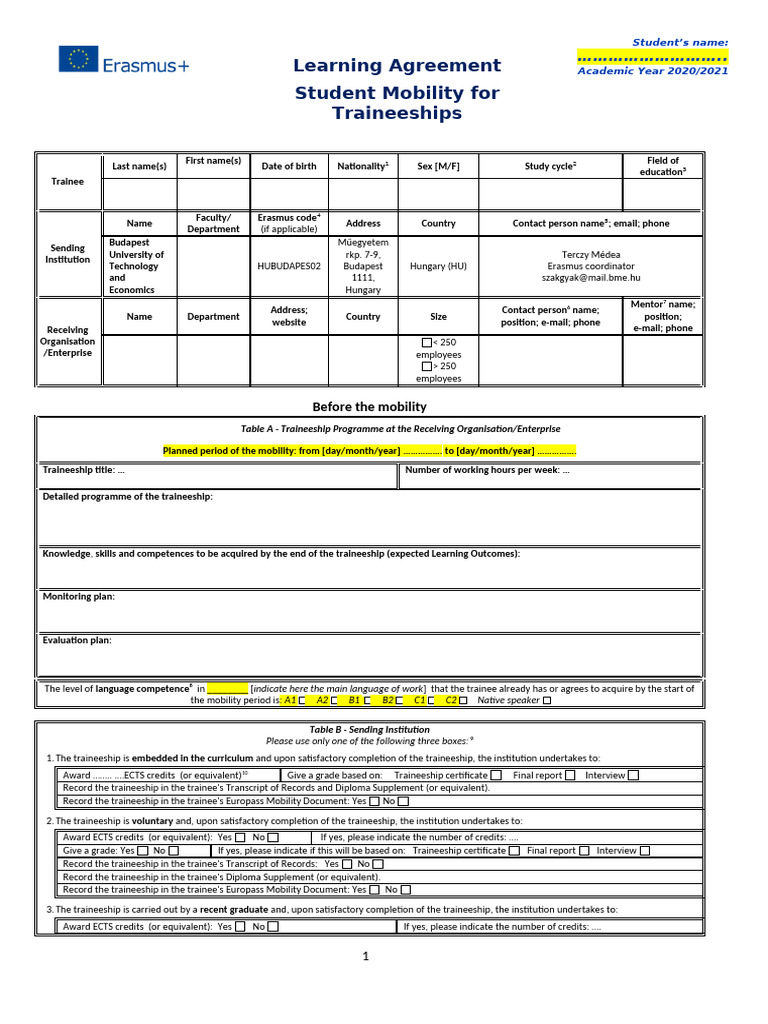 Learning Agreement For Traineeships - 2020 - 21 | PDF | Educational Stages