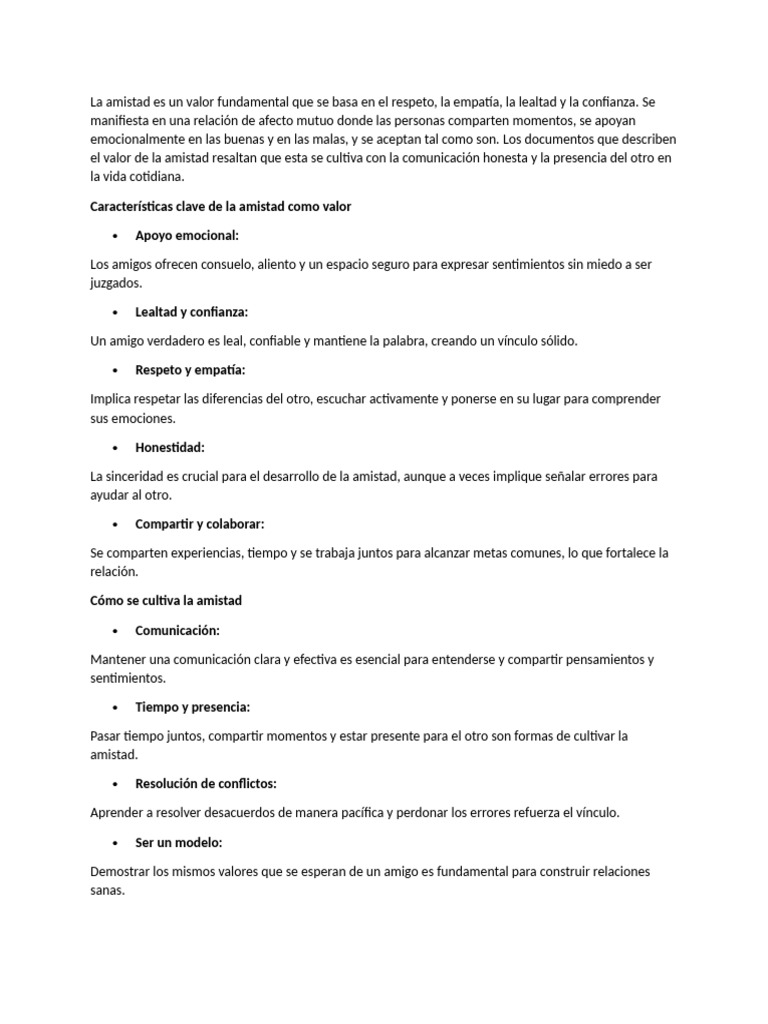 La Amistad Es Un Valor Fundamental Que Se Basa en El Respeto | PDF
