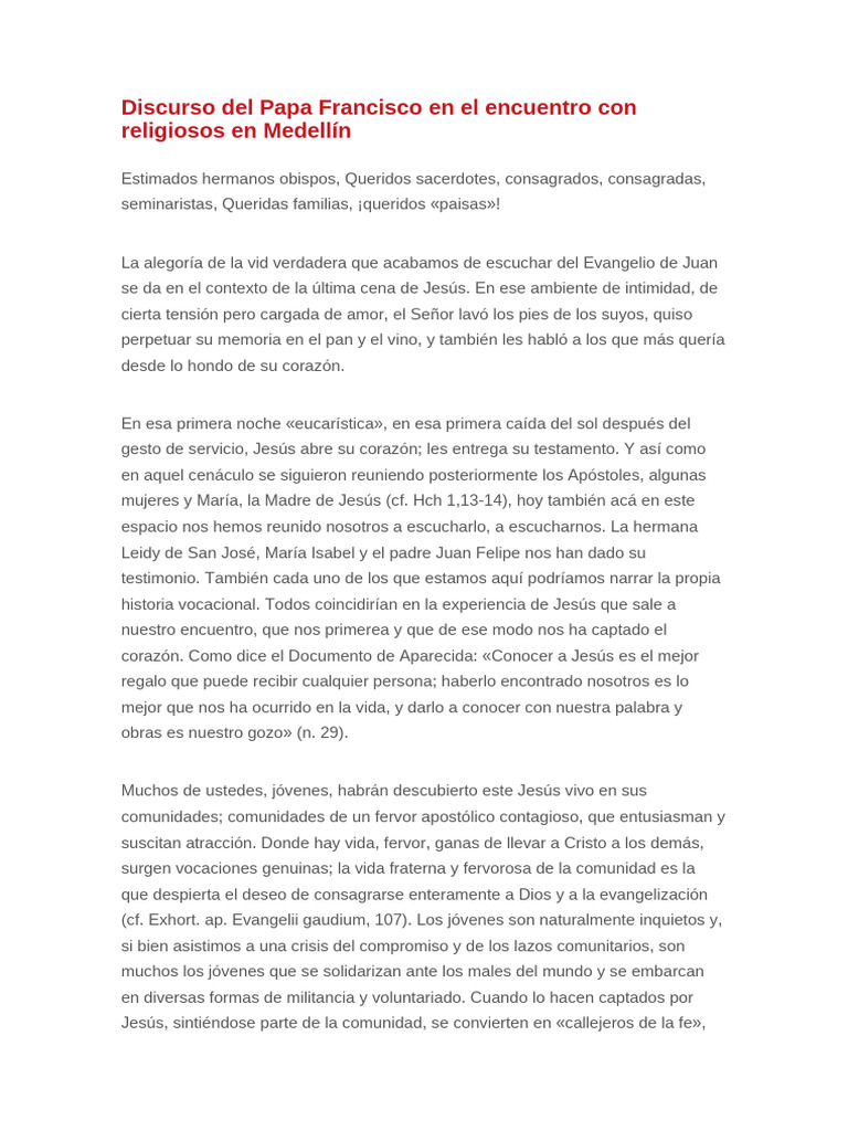 Discurso Del Papa Francisco en El Encuentro Con Religiosos en Medellín ...