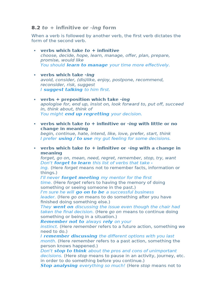 Verb Patterns To Ing B1 Plus | PDF | Psychological Concepts | Psychology