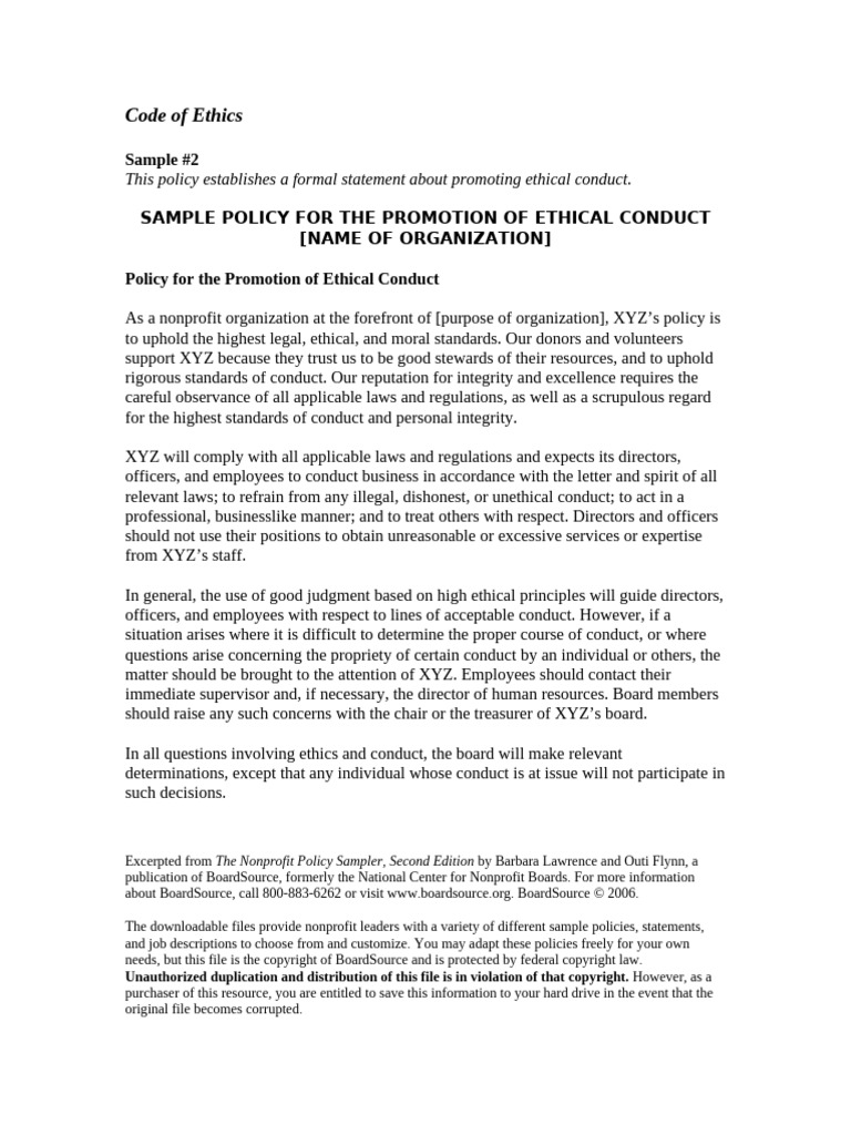 Code of Ethics, Sample #2 | PDF | Copyright