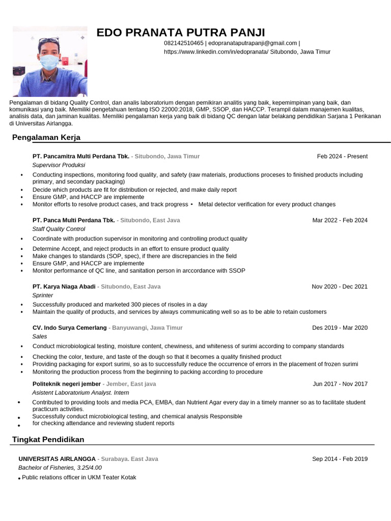 Edo Pranata Resume | PDF | Food Industry | Quality