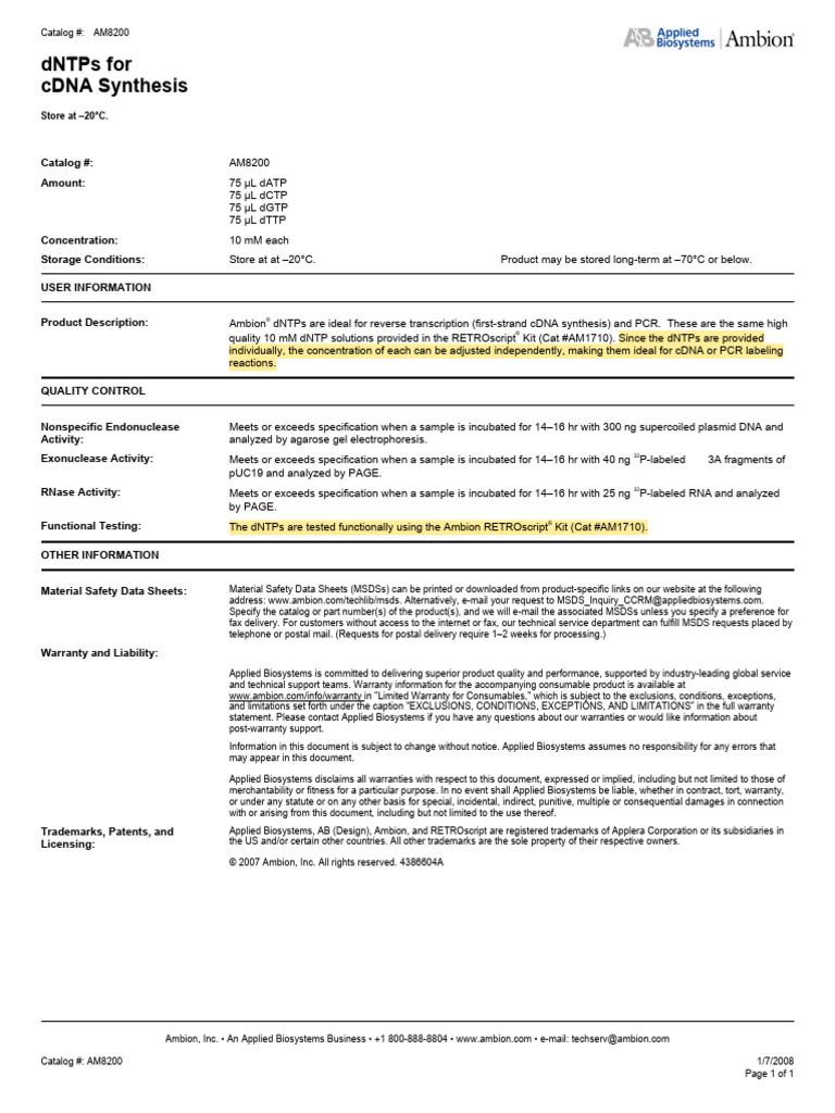 dNTPs for cDNA Synthesis - AM8200 | PDF | Complementary Dna ...