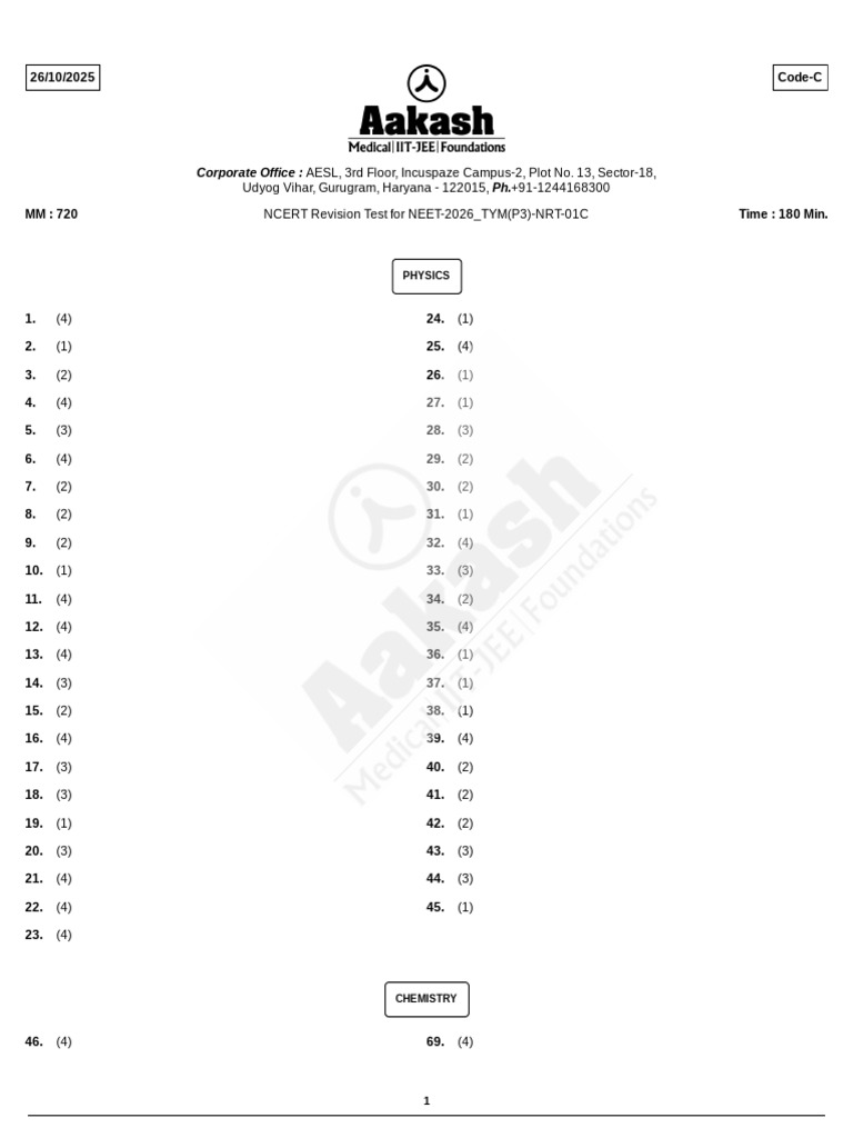 NRT-01C TYM (P3) (26-10-2025) Sol | PDF | Meiosis | Electromagnetic Radiation