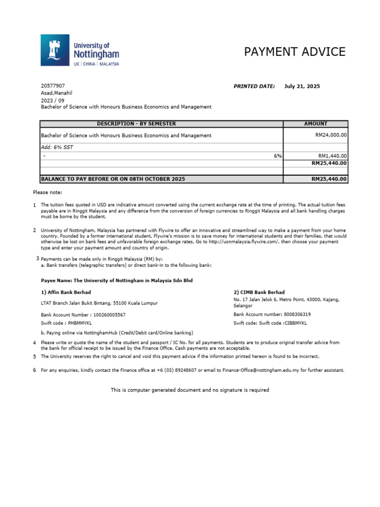 Payment Advice - Asad, Manahil (20577907) | PDF | Payments | Banks