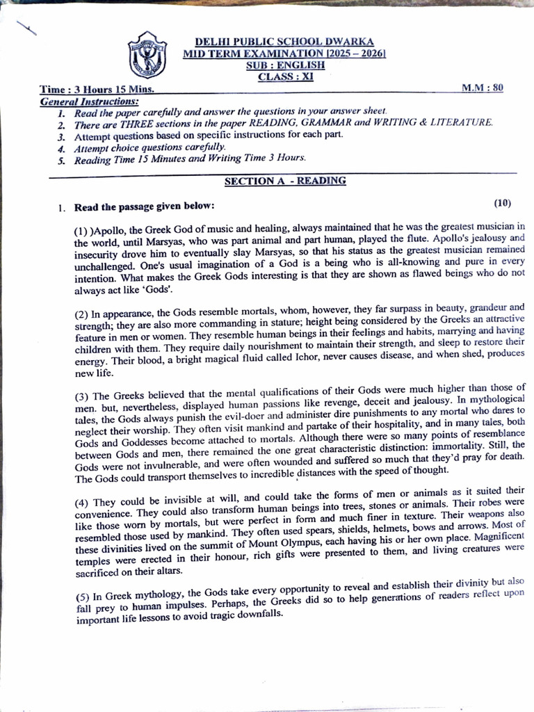 Class 11 English Mid Term Exam | PDF