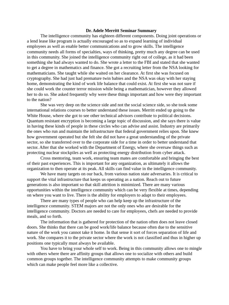 Dr. Adele Merritt Seminar Summary | PDF | National Security Agency ...