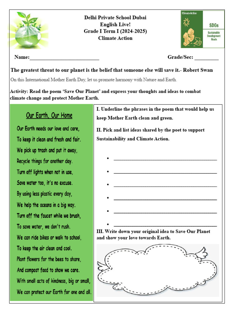 Climate Action Activities for Grade I | PDF