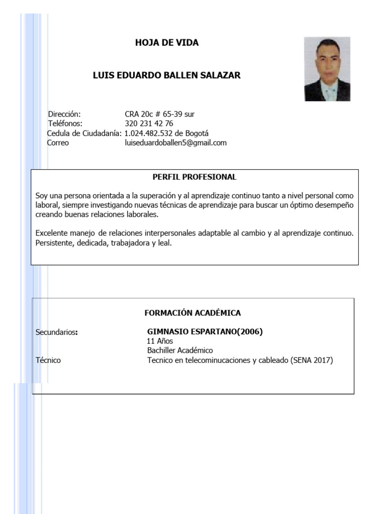 Hoja de Vida Luis Eduardo Ballén Salazar | PDF | Telecomunicaciones ...