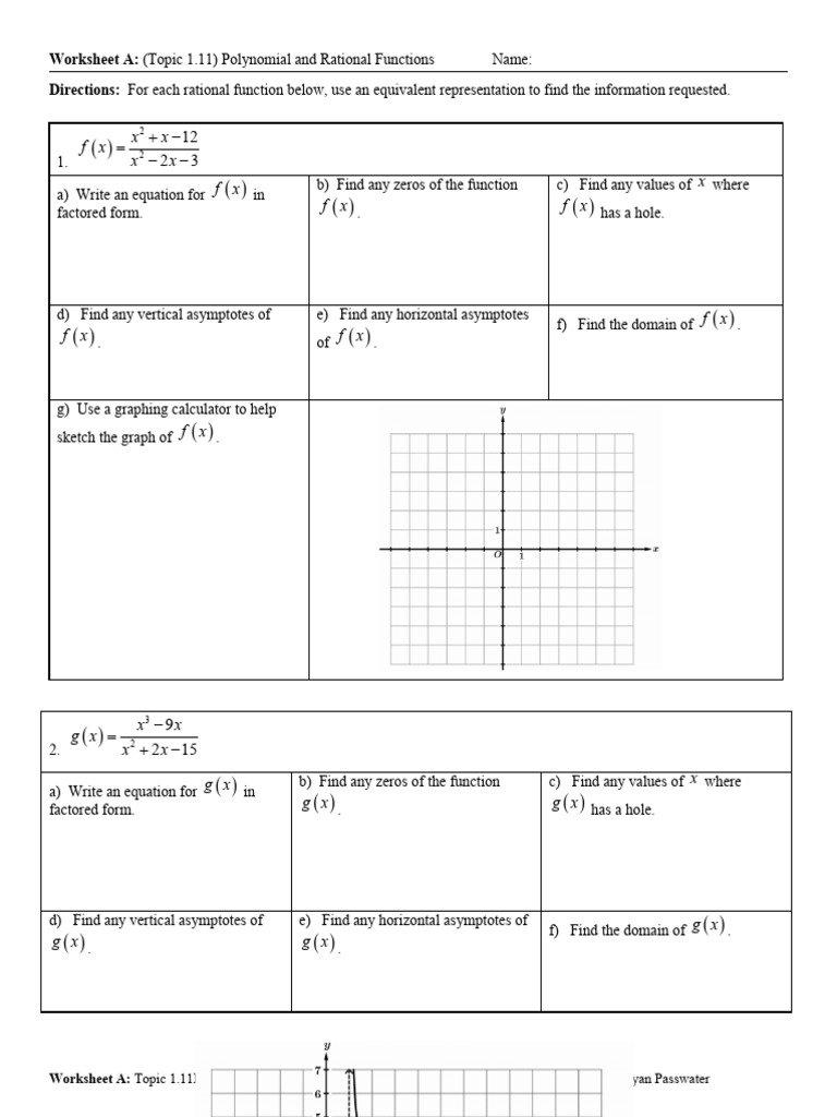 Polynomial & Rational Functions Worksheet | PDF