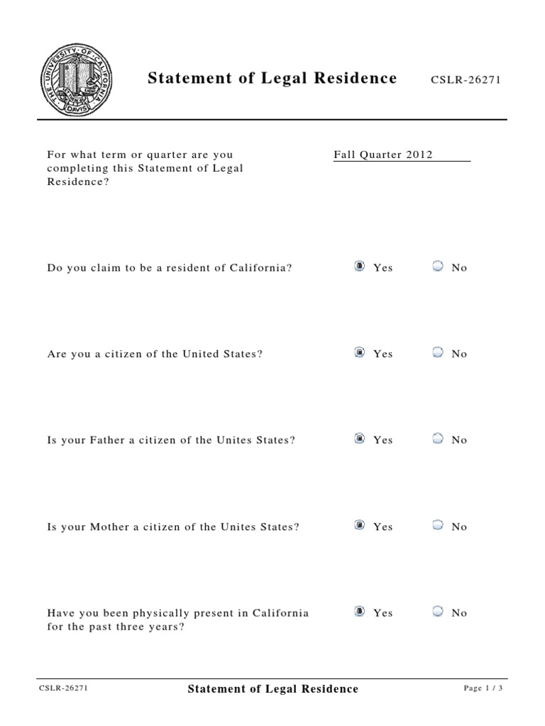 UC Davis Statement of Legal Residence | PDF | Perjury | Virtue