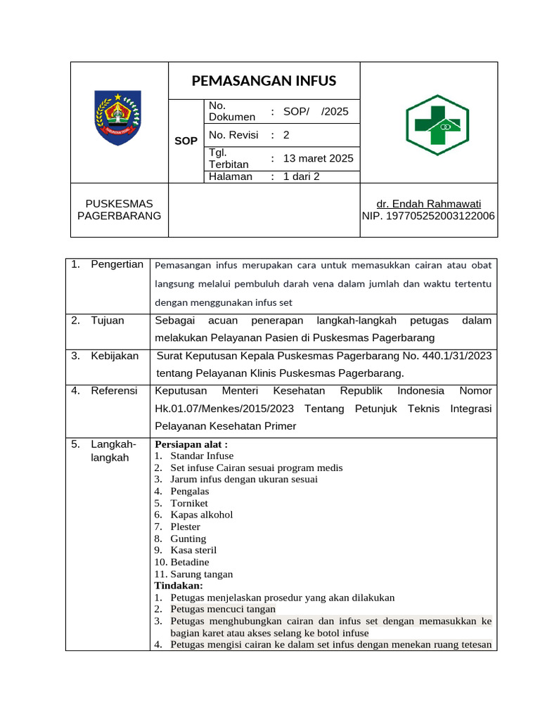 Sop Pemasangan Infus | PDF