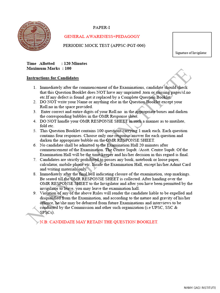 Ga+Pedagogy PGT 006 Qpaper | PDF | Educational Assessment | Learning