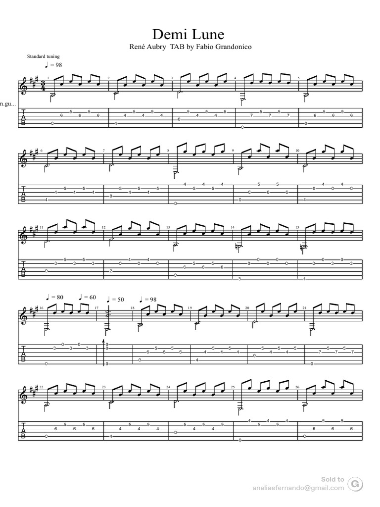 Demi Lune Tab by René Aubry | PDF | Chordophones | String Instruments