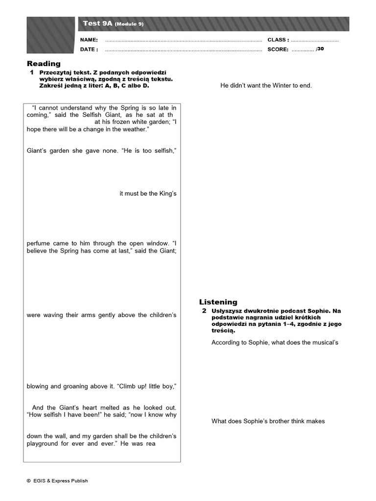 2 RM Basic Test 9a | PDF | The Happy Prince And Other Tales