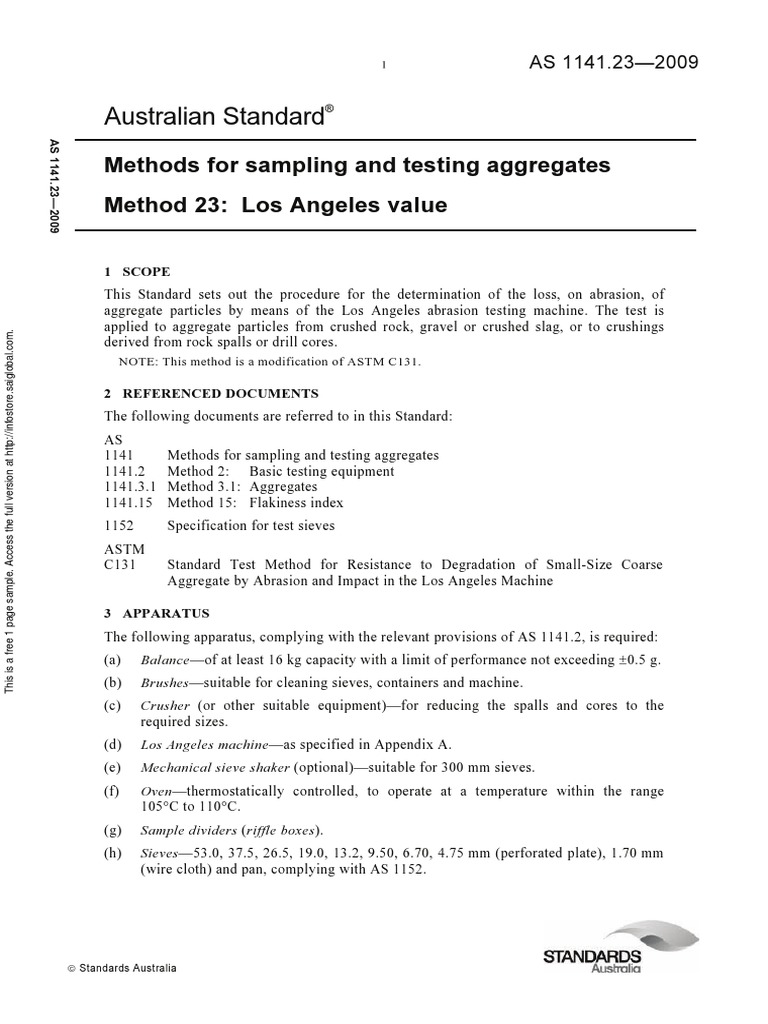 As 1141.23-2009 Methods For Sampling and Testing Aggregates Los Angeles ...