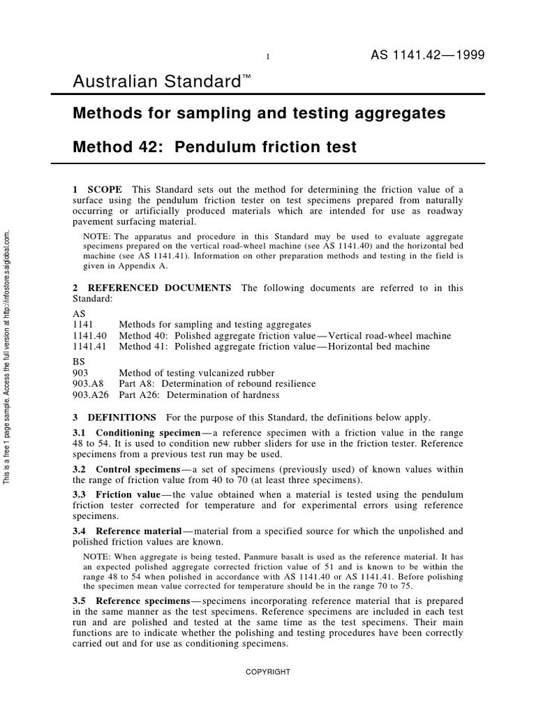 As 1141.42-1999 Methods For Sampling and Testing Aggregates Pendulum ...