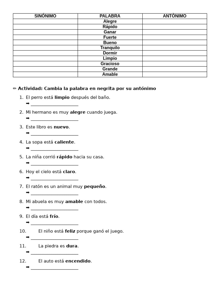 Actividad de Sinónimos y Antónimos | PDF