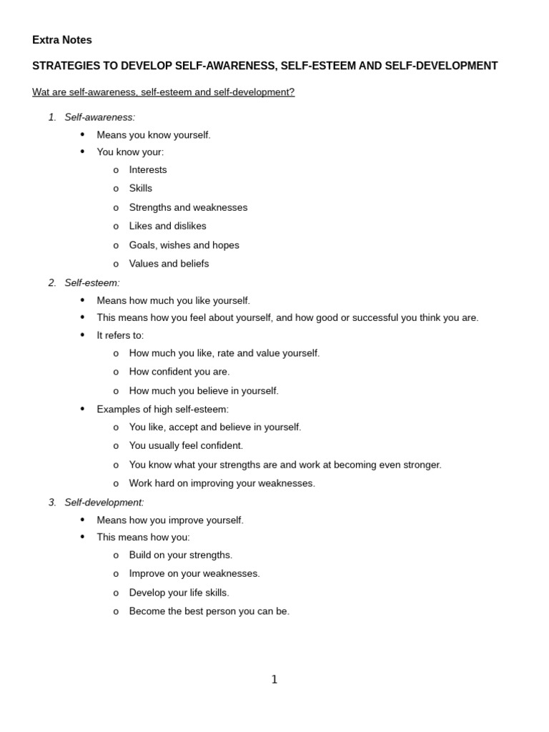 Extra Notes in Self Awareness | PDF | Flexibility (Anatomy) | Self Esteem