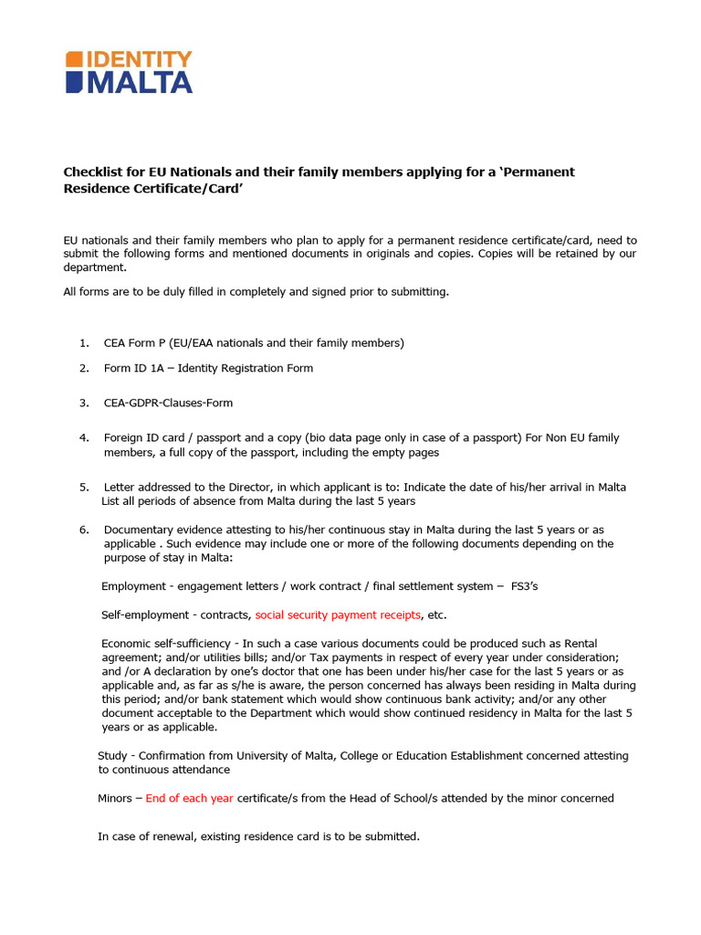 Checklist EU Permanent Residence Cert | PDF | Malta | Identity Document