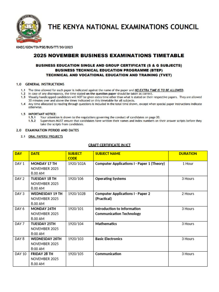 Cict 2025 November Business Examinations Timetable | PDF