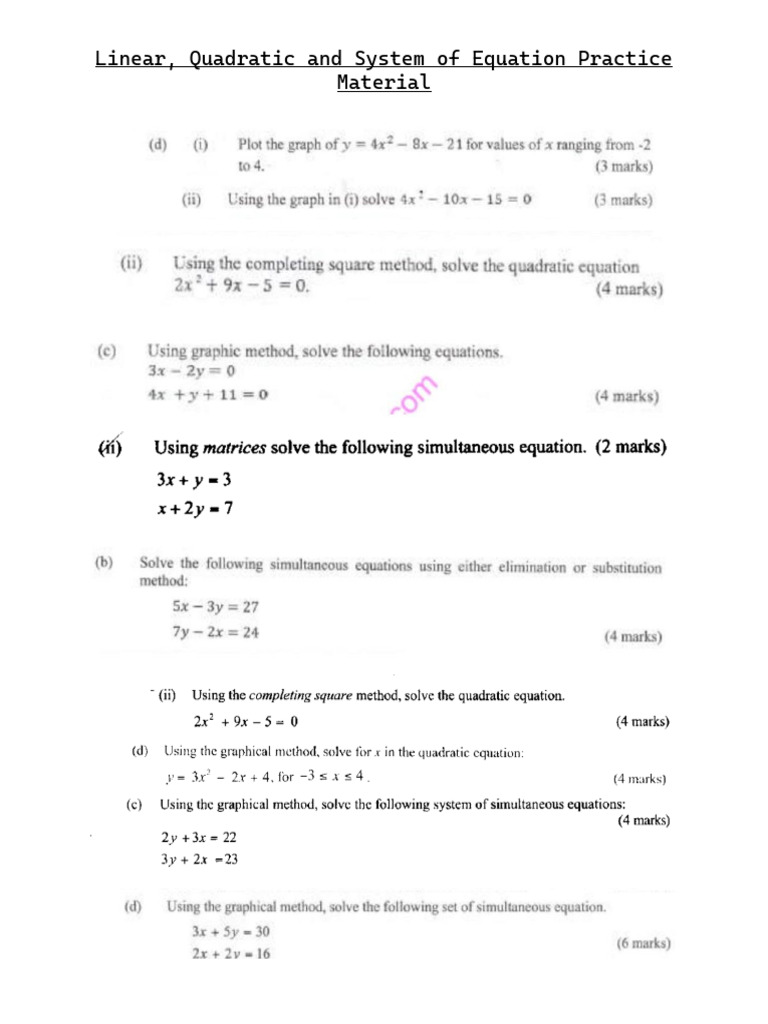 Linear, Quadratic and System of Equation Practice Material | PDF