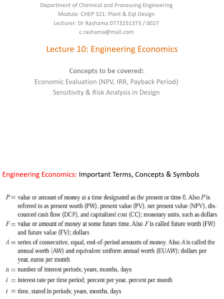 Lecture 10 Engineering Economics (Financial Evaluation) | PDF | Net ...