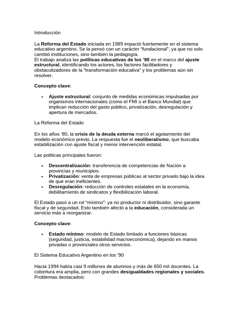 Nosiglia y Trippano Estado y Educación en La Argentina de Los 90 Resumen | PDF | Educación de la ...