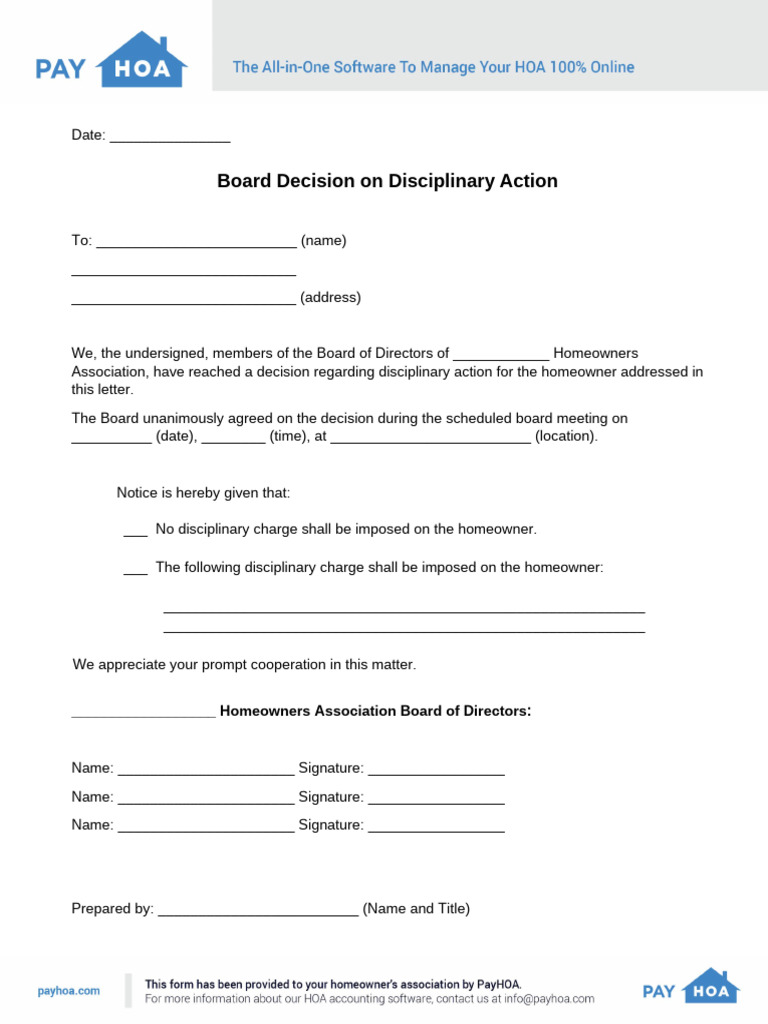 Board Decision On Disciplinary Action: - Homeowners Association Board ...