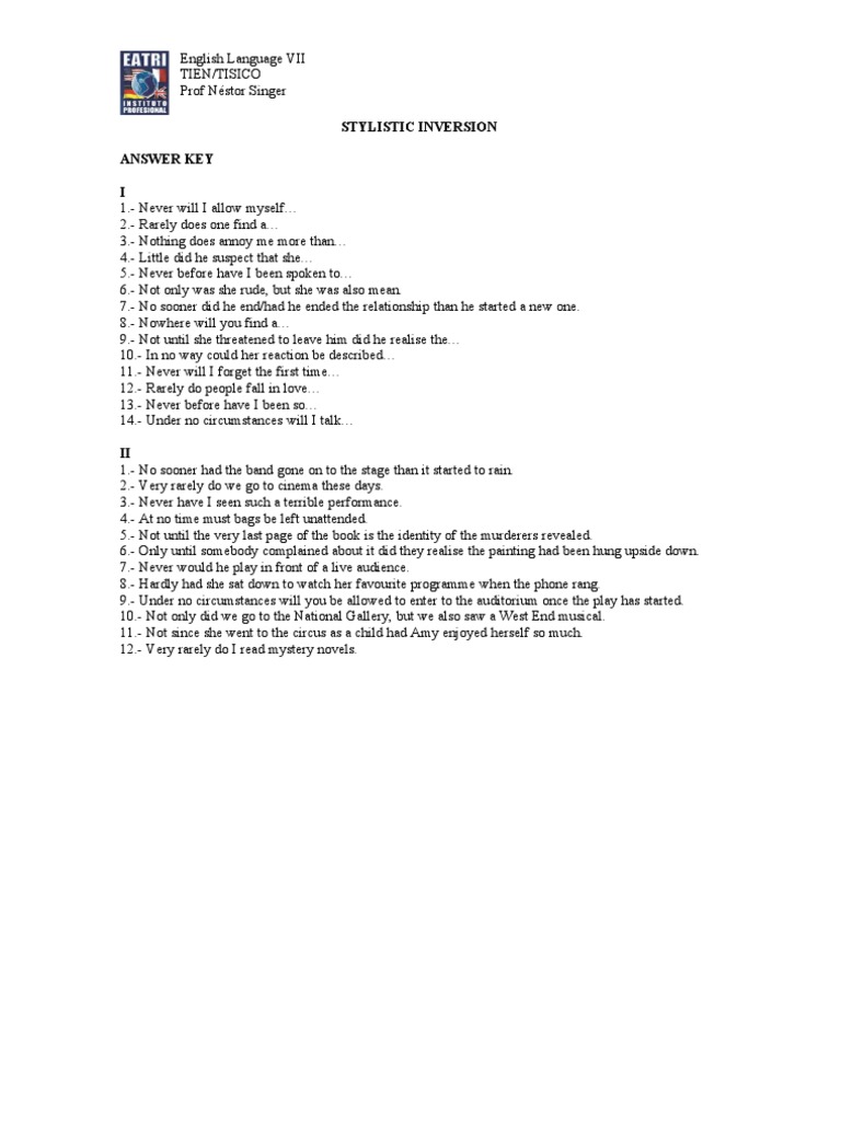 Stylistic Inversion Handout Answer Key | PDF | Art | Mystery, Thriller ...