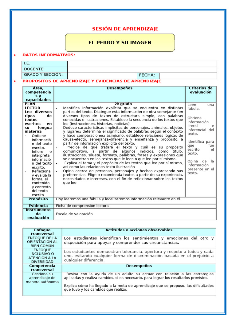 2° Sesion D4 Plan Lector El Perro y Su Imagen | PDF | Aprendizaje ...