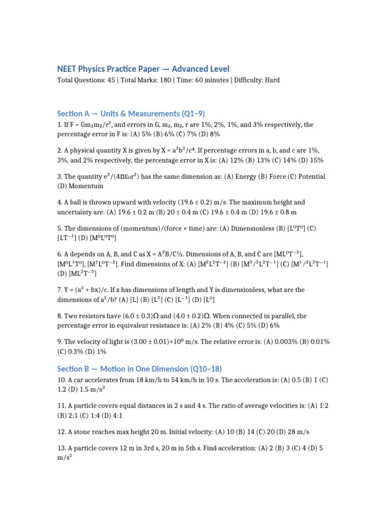 NEET Physics Advanced Level Question Paper | PDF | P–N Junction | Force