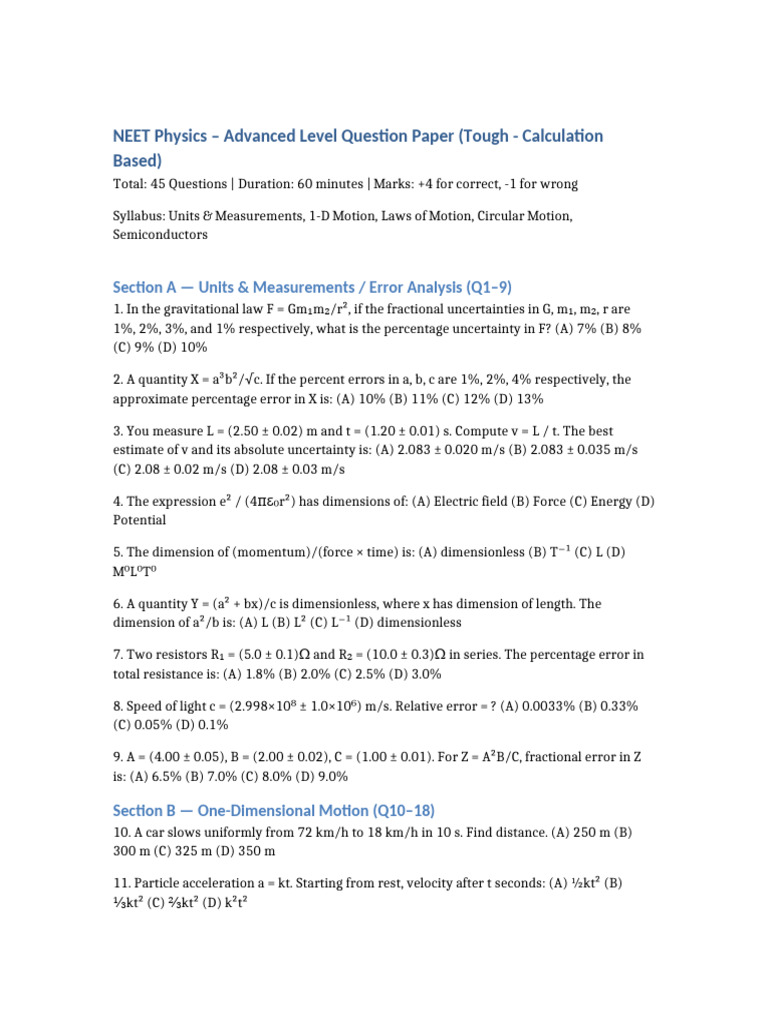 NEET Physics Advanced Question Paper | PDF | Acceleration | Force