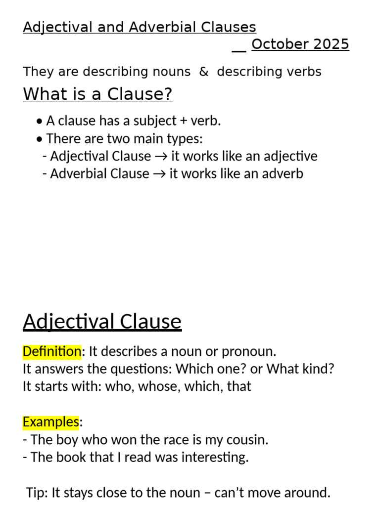 Adjectival Vs Adverbial Clauses October | PDF