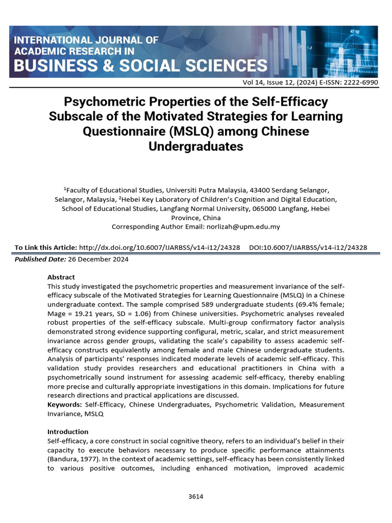 Psychometric Validation of MSLQ in China | PDF | Self Efficacy ...