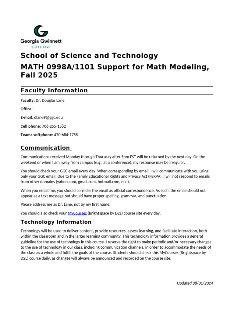 MATH 1101 - 0998A Syllabus - Lane - Fall 2025 FINAL | PDF | Title Ix ...